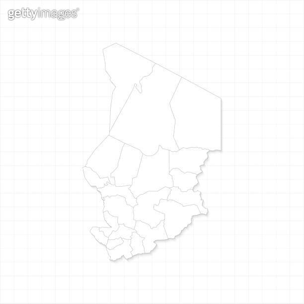 Chad map with country borders, thin black outline on white grid paper ...