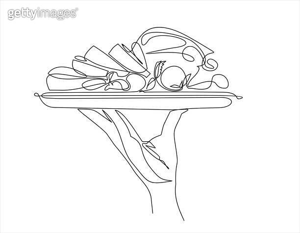 meat with vegetables dish. Vegetable salad.One continuous line drawing ...