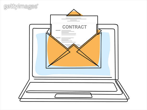 Single continuous line of laptop and open envelope with Contract ...