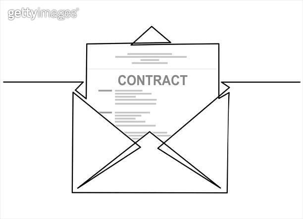 Continuous line drawing of open envelope with Contract agreement ...