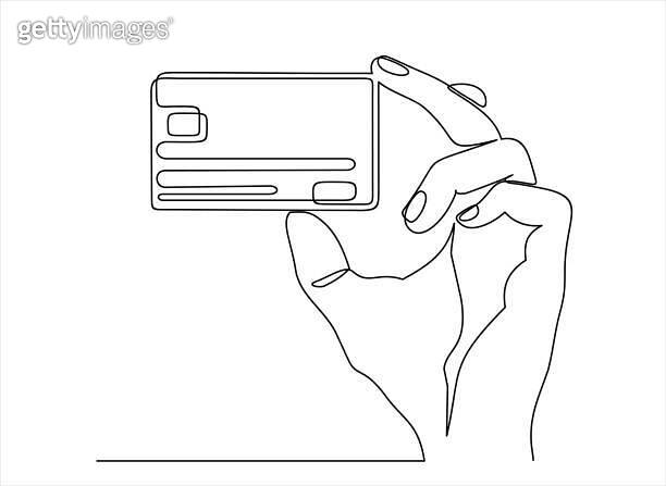 Continuous one line drawing of hand holding credit card. Contactless ...
