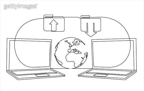 File transfer. One continuous line drawing of Two laptops with folders ...
