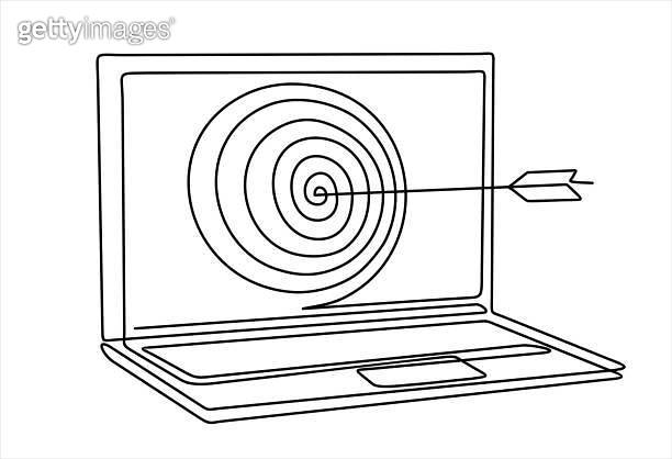 Continuous one line drawing of laptop with arrow on target circle ...