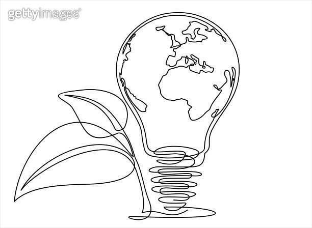 continuous line drawing of planet earth as a light bulb and growing ...