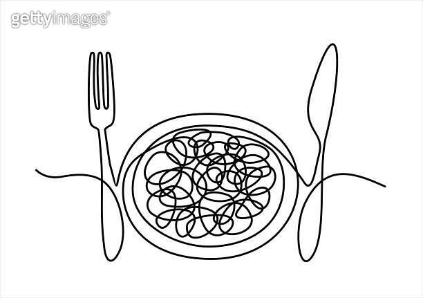 Single continuous line drawing of delicious spaghetti with fork and ...