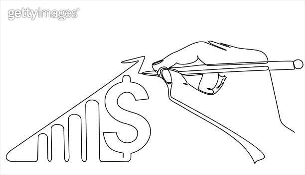 Single continuous line of hand drawing increasing up arrows bar graph ...
