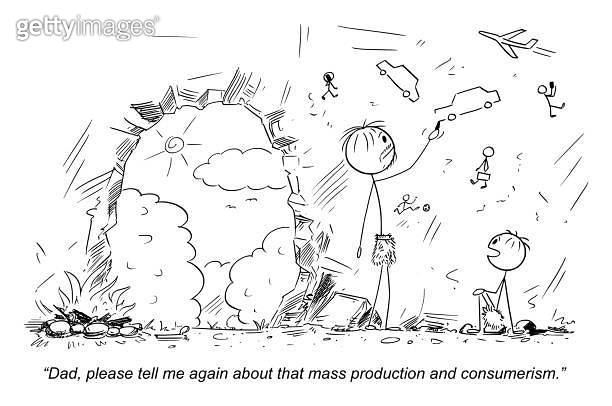 Future Caveman Tells a Child About Civilization , Vector Gag Cartoon ...