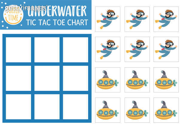 Vector under the sea tic tac toe chart with diver and submarine. Ocean ...