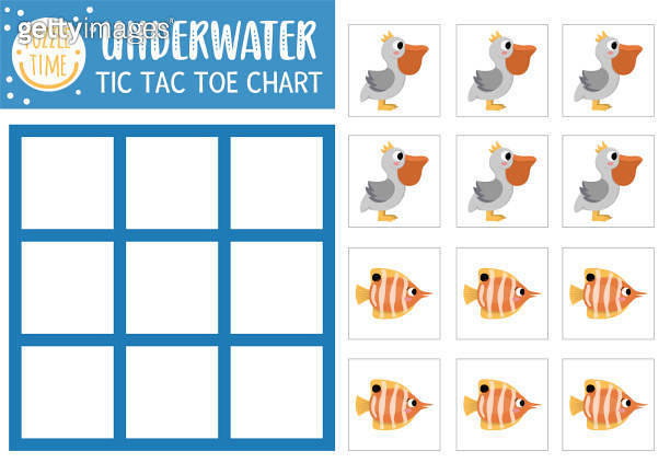 Vector under the sea tic tac toe chart with pelican and butterflyfish ...