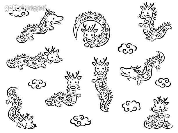 Line drawing illustration set of Chinese style clouds and long dragons ...