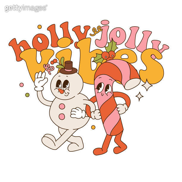 Christmas groovy sticker for tee print. Congratulatory text Holly Jolly ...