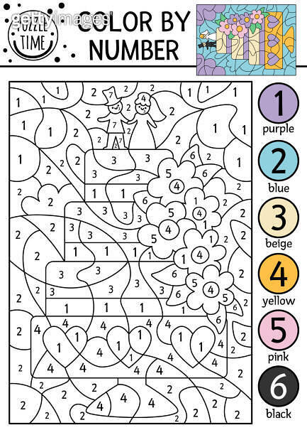 Vector color by number activity with cute wedding cake. Marriage ...