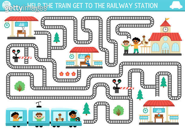 Transportation maze for kids with railroad, driver, passengers. Urban ...