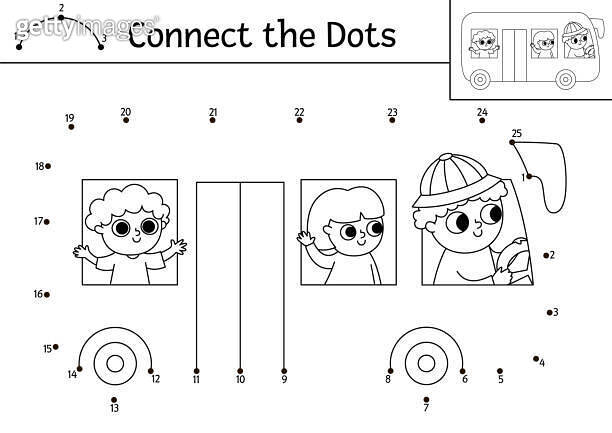 Vector dot-to-dot and color activity with cute bus, driver and ...
