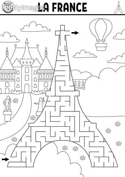 Black and white maze for kids with Eiffel Tower. French preschool ...