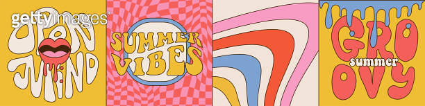 Set of colorful greeting cards in 70s groovy style. Wavy pattern ...