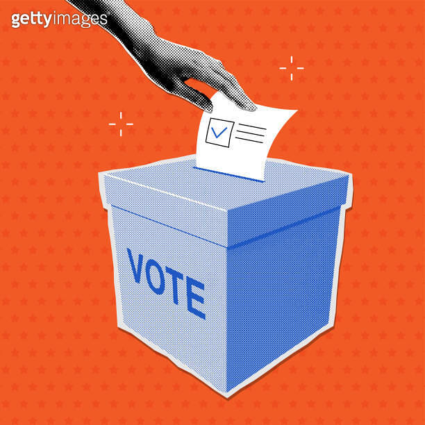 Female hand putting ballot paper into ballot box in pop art retro ...