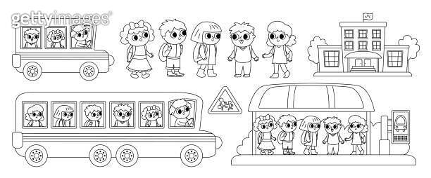 Vector black and white transportation set with children. Funny line ...