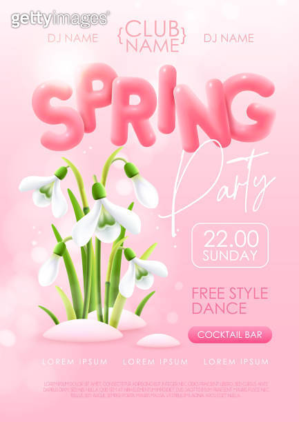 Spring disco party typography poster with realistic full blossom ...
