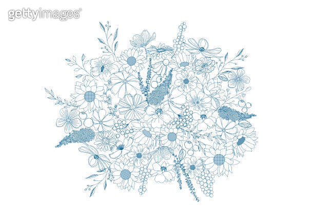Botanical, illustration of a bouquet of flowers with beautiful blue ...