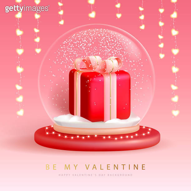 Happy Valentines Day typography poster with 3D snow globe and gift box ...