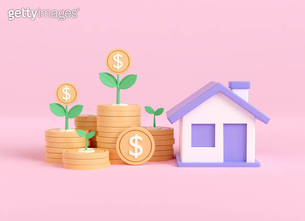 3d render coin stack home and tree growth. save money for buy house ...