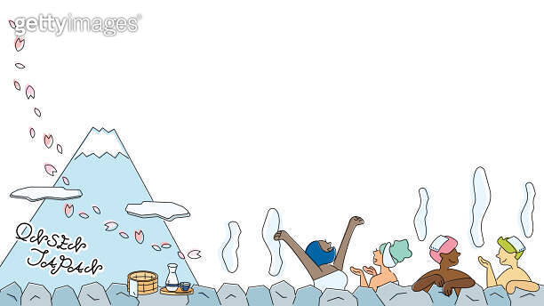 Frame of foreign tourists enjoying hot spring trip in Japan (spring ...