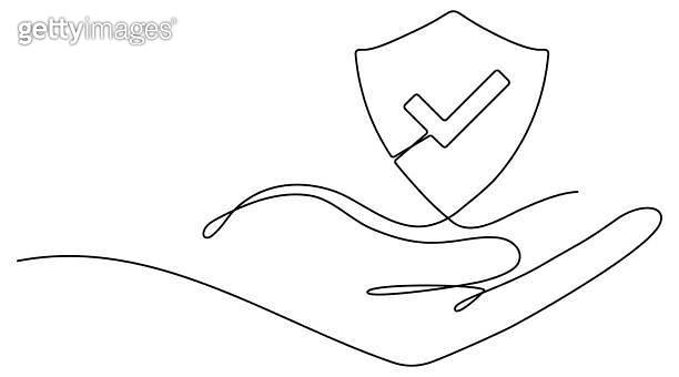 Human hand holding shield badge continuous line drawing. 이미지 ...