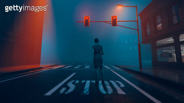 Cinematic scene where woman stops for red light at crossing (1463186844 ...