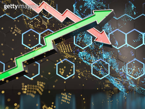 Red and Green Up Trend and Down Trend Arrows Against a Futuristic ...