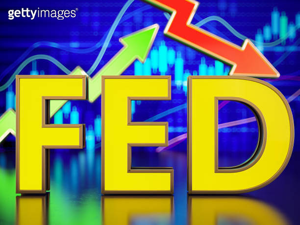 Neon FED Federal Reserve Bank Sign on a Financial Chart with Red and ...