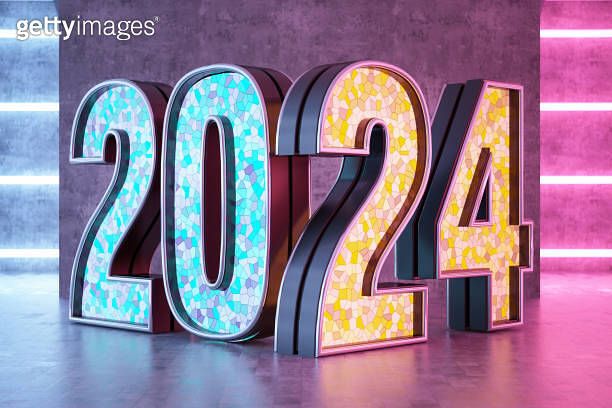 Red and Blue 2024 New Year Neon Sign 이미지 (1711043845) - 게티이미지뱅크