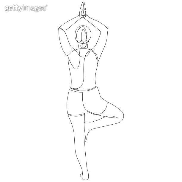 Continuous one line drawing of woman standing in yoga pose with arms ...