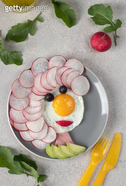 Fun Food for kids - smiling face made from fried eggs, radishes and ...