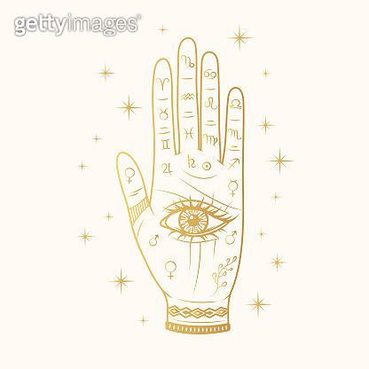 Golden celestial hand with all-seeing eye and palmistry diagram. Hand ...