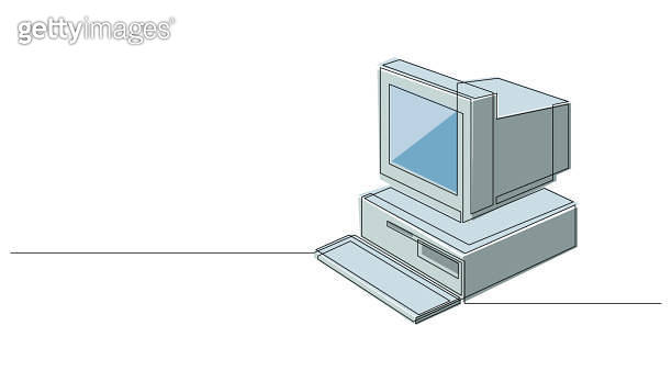 Retro personal computer continuous one line drawing with colours ...