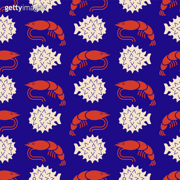 Shrimp and Spotted Puffer pattern seamless. Sea Life background. Baby ...