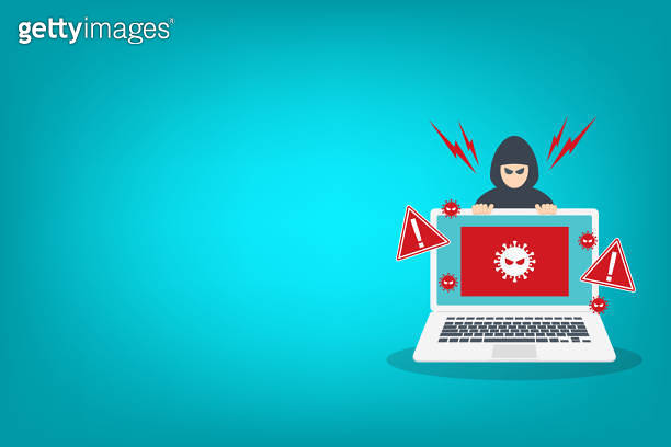 Hacker warning on laptop. Emergency alert of threat by hacker. Malware notification with virus ...