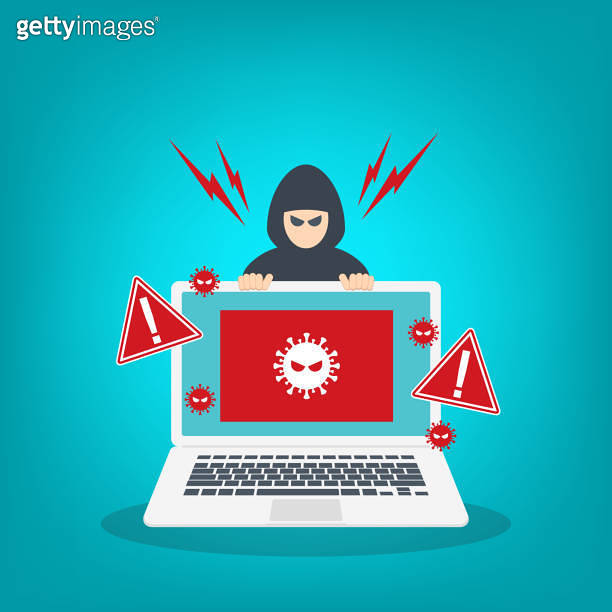 Hacker warning on laptop. Emergency alert of threat by hacker. Malware notification with virus ...