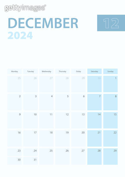 Vertical calendar page of December 2024, Week starts from Monday ...