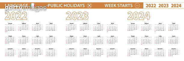 2022, 2023, 2024 year vector calendar in Italian language, week starts ...
