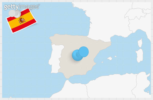 Map of Spain with a pinned blue pin. Pinned flag of Spain. (1471734229 ...