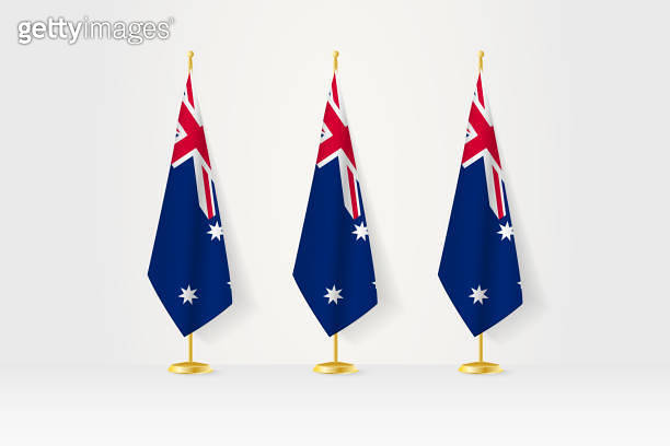 Three Australia flags in a row on a golden stand, illustration of press ...