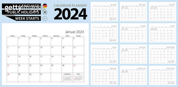 German calendar planner for 2024. German language, week starts from ...