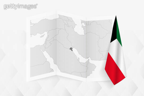 A grayscale map of Kuwait with a hanging Kuwaiti flag on one side ...