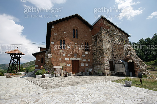 Western facade of the Serbian medieval Monastery Banjska 이미지 ...