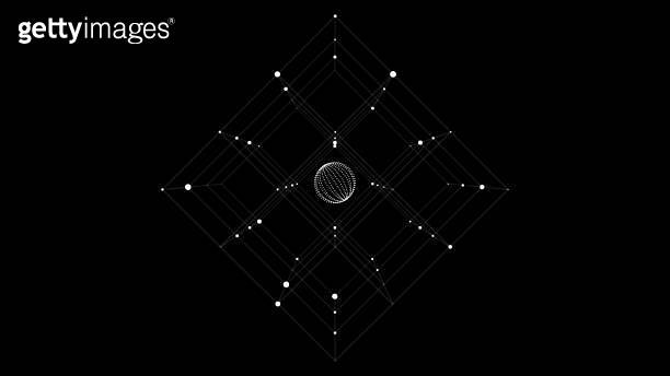 Abstract sci-fi cube with particle and line and sphere inside. Vector technology network ...