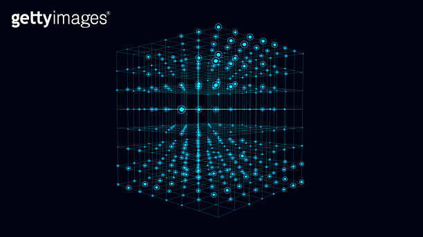 Abstract sci-fi cube with particle and line. Vector technology network connection on world ...