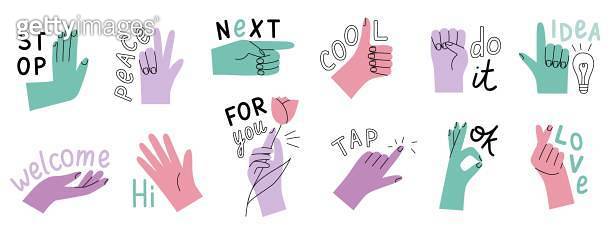 Funny bright stickers hand gestures with text. Vector design set in a ...