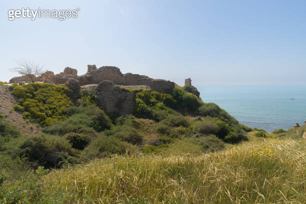 Crusader castle in the ancient town of Apollonia (Tel Arsuf) on ...